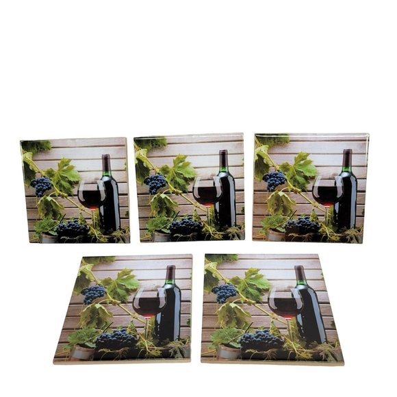 Dining | Red Wine Glass Bottle Grapes And Grapevine Vineyard Coasters ...